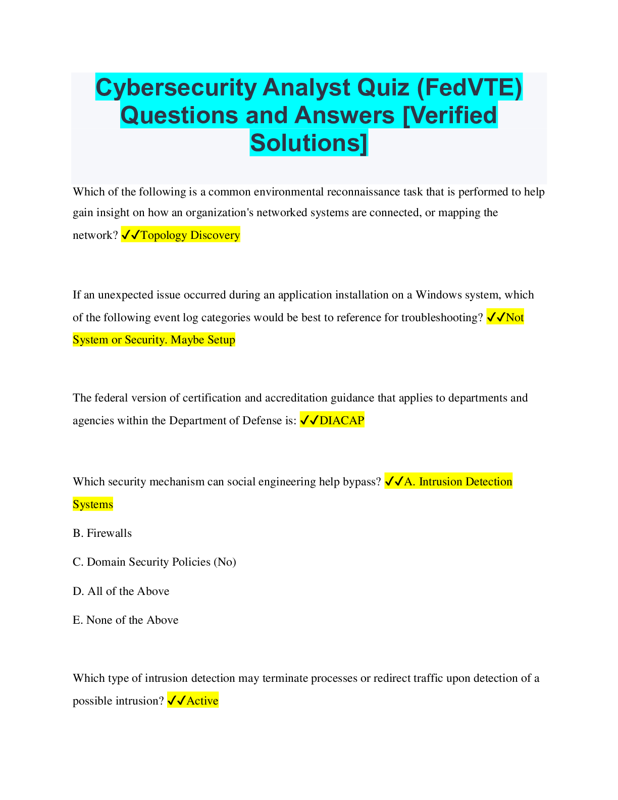 Cybersecurity Analyst Quiz (FedVTE) Questions and Answers [Verified Solutions] - Scholarfriends
